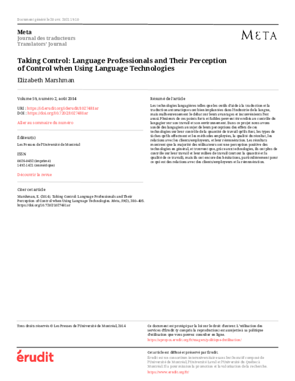 (PDF) Taking Control: Language Professionals and Their Perception of ...