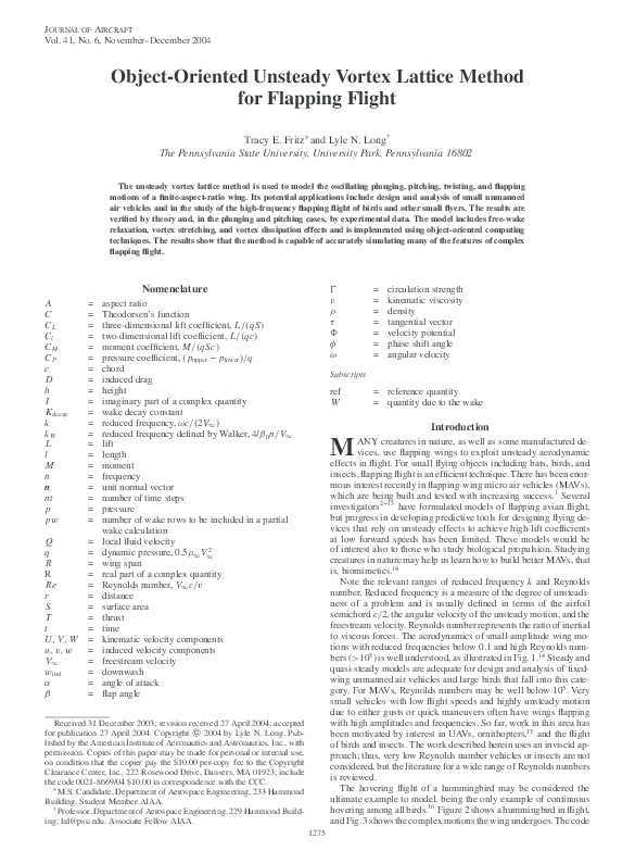 (PDF) Object-Oriented Unsteady Vortex Lattice Method for Flapping Flight