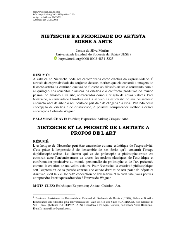 (PDF) Nietzsche e a prioridade do artista sobre a arte