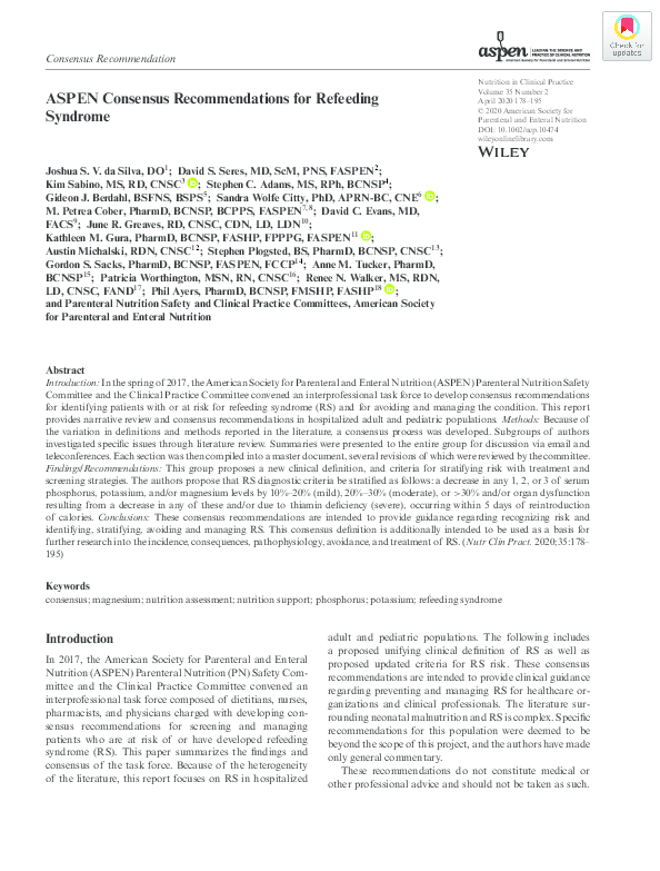 (PDF) ASPEN Consensus Recommendations for Refeeding Syndrome