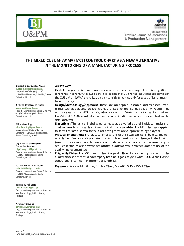 (PDF) The Mixed CUSUM-EWMA (MCE) control chart as a new alternative in the monitoring of a ...