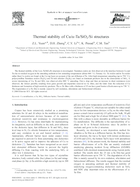 (PDF) Thermal stability of Cu/α-Ta/SiO2/Si structures