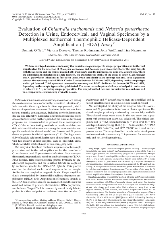(PDF) Evaluation of Chlamydia trachomatis and Neisseria gonorrhoeae Detection in Urine ...