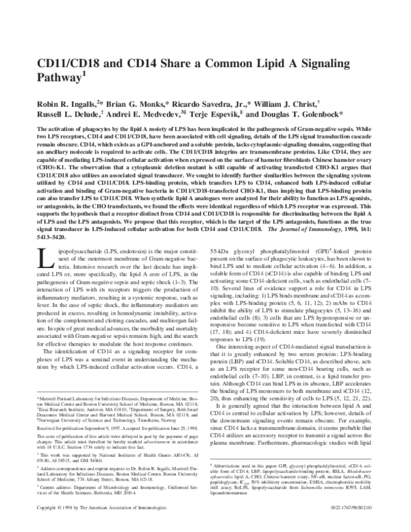 (PDF) CD11/CD18 and CD14 Share a Common Lipid A Signaling Pathway 1