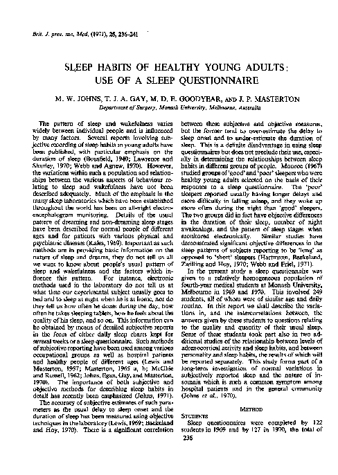 (PDF) Sleep habits of healthy young adults: use of a sleep questionnaire