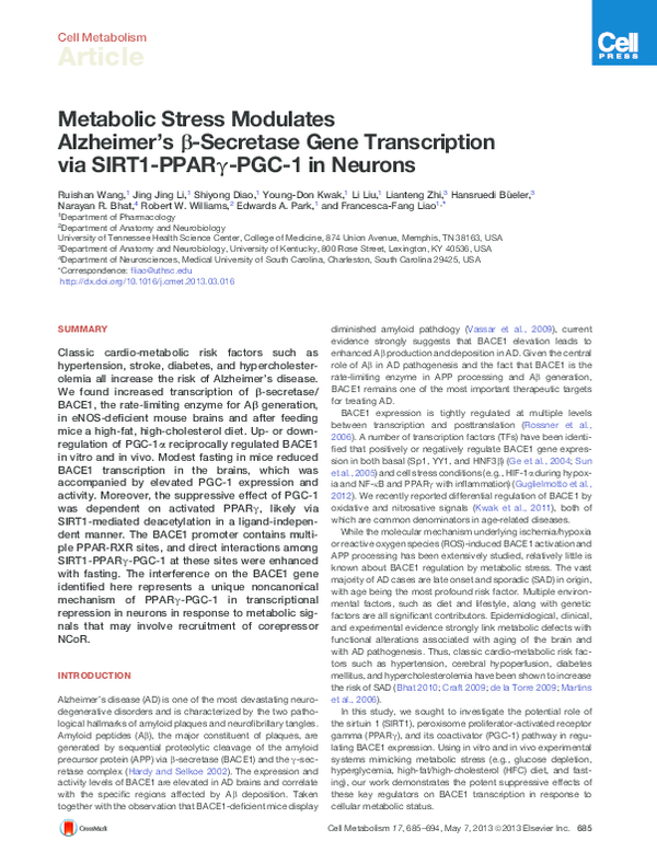 (PDF) Metabolic Stress Impacts BACE1 in Neurons