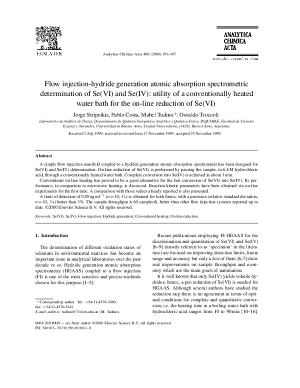 Pdf Flow Injection Hydride Generation Atomic Absorption Spectrometric Determination Of Se Vi