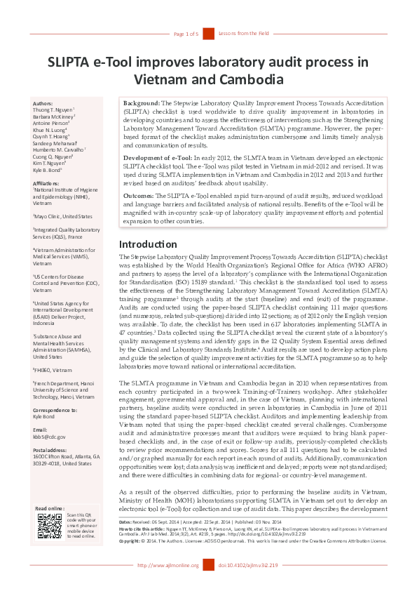 (PDF) SLIPTA e-Tool improves laboratory audit process in Vietnam and ...