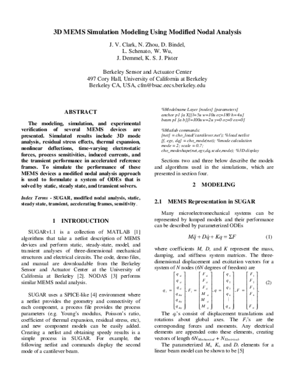 Pdf 3d Mems Simulation Via Modified Nodal Analysis 