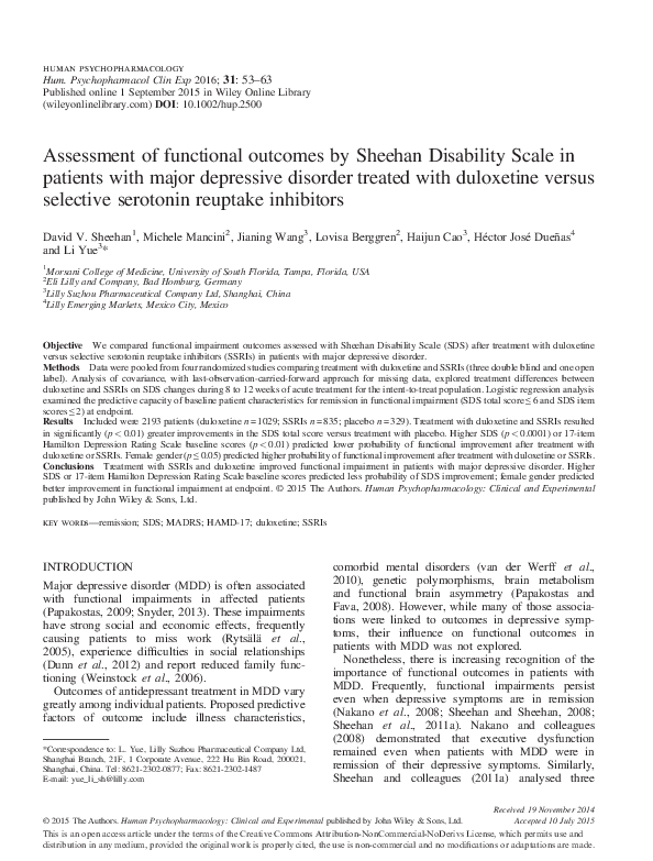 (PDF) Assessment of functional outcomes by Sheehan Disability Scale in ...