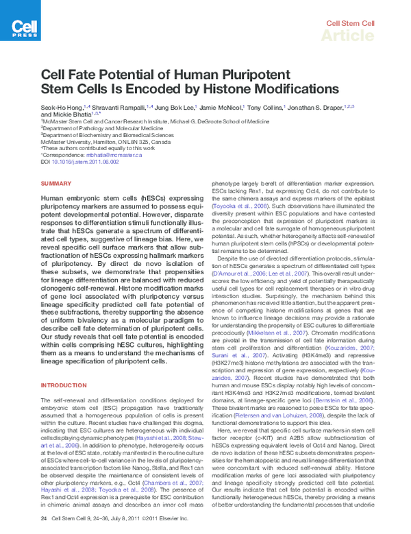 (PDF) Cell Fate Potential of Human Pluripotent Stem Cells Is Encoded by ...