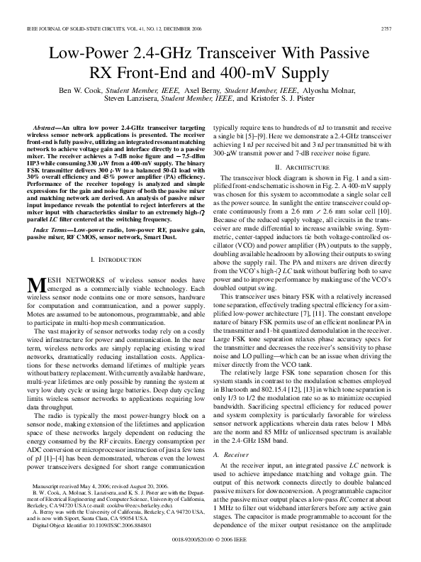 (PDF) Low-Power 2.4-GHz Transceiver With Passive RX Front-End and 400 ...