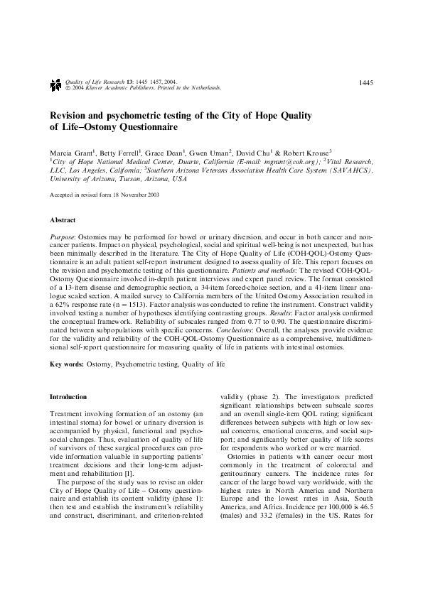 (PDF) Revision and Psychometric Testing of the City of Hope Quality of ...