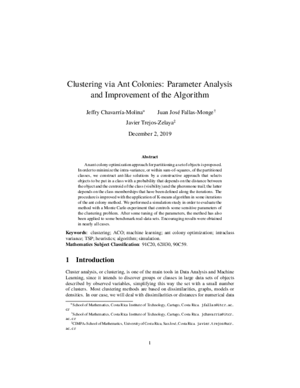 Pdf Clustering Via Ant Colonies Parameter Analysis And Improvement Of The Algorithm Javier