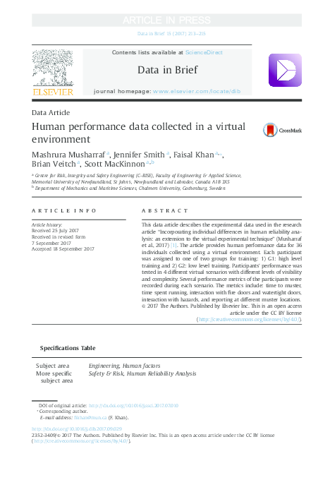 (PDF) Human performance data collected in a virtual environment