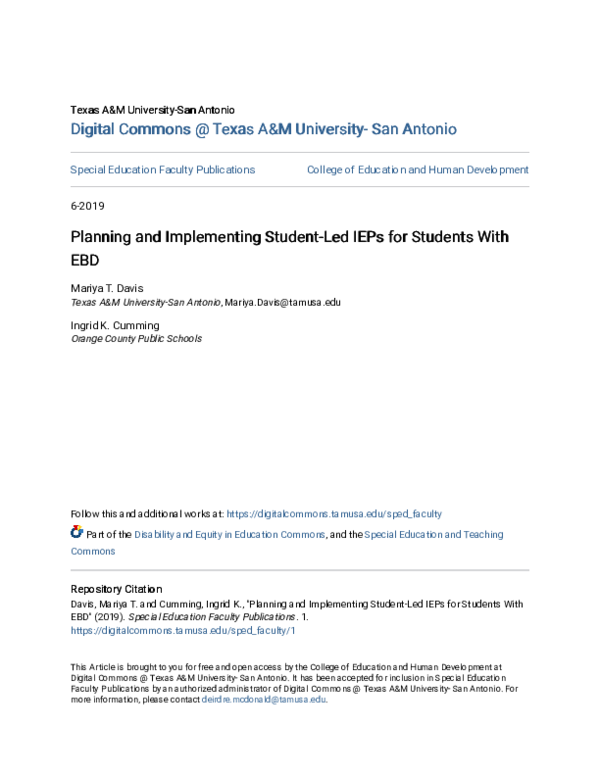 (PDF) Planning and Implementing Student-Led IEPs for Students With EBD