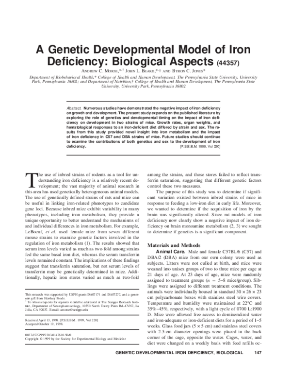 (PDF) A Genetic Developmental Model of Iron Deficiency: Biological Aspects