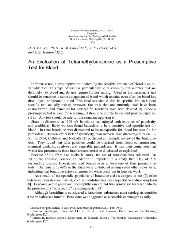 (PDF) An evaluation of tetramethylbenzidine as a presumptive test for blood