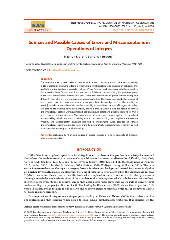 (PDF) Sources and Possible Causes of Errors and Misconceptions in Operations of Integers