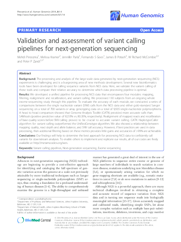 Pdf Validation And Assessment Of Variant Calling Pipelines For Next