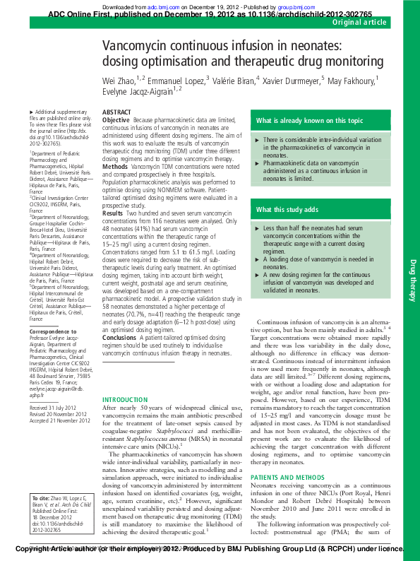 (PDF) Vancomycin continuous infusion in neonates: dosing optimisation ...