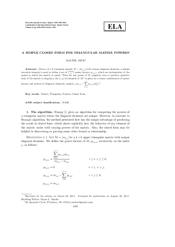(PDF) A simple closed form for triangular matrix powers