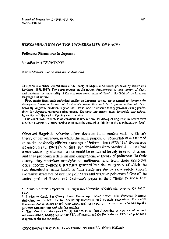 (PDF) Reexamination of the universality of face: Politeness phenomena ...