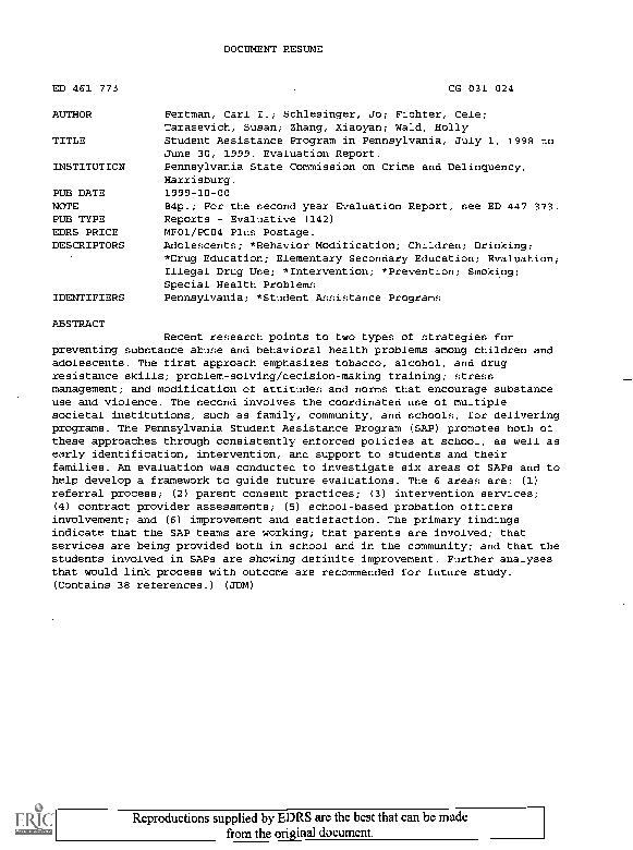 (PDF) Student Assistance Program in Pennsylvania, July 1, 1998 to June ...