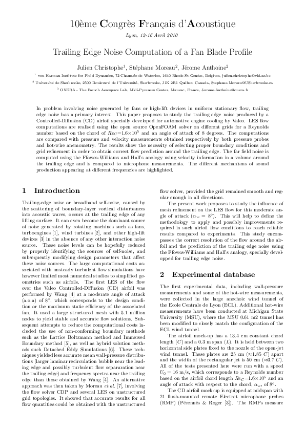 Pdf Trailing Edge Noise Computation Of A Fan Blade Profile