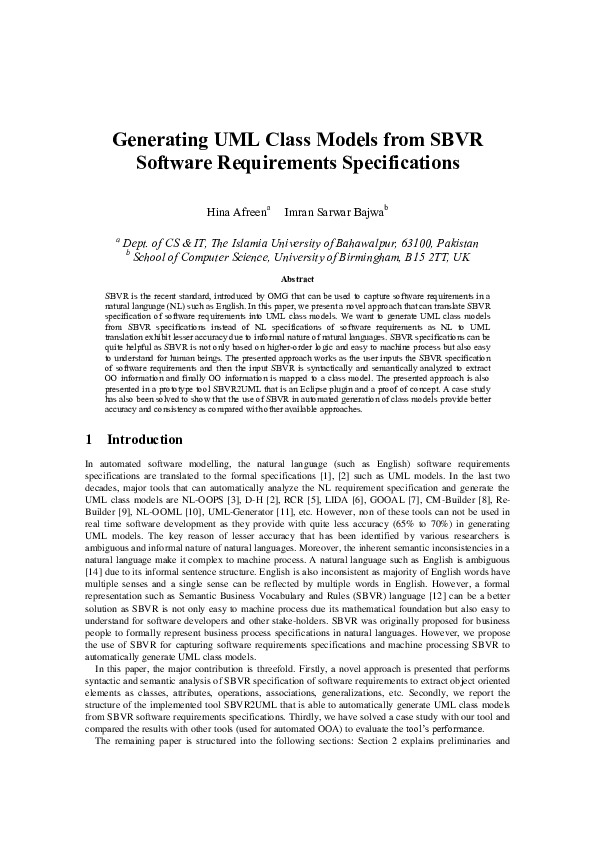 (PDF) Generating UML Class Models from SBVR Software Requirements Specifications