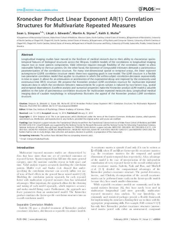 Pdf Kronecker Product Linear Exponent Ar 1 Correlation Structures For Multivariate Repeated