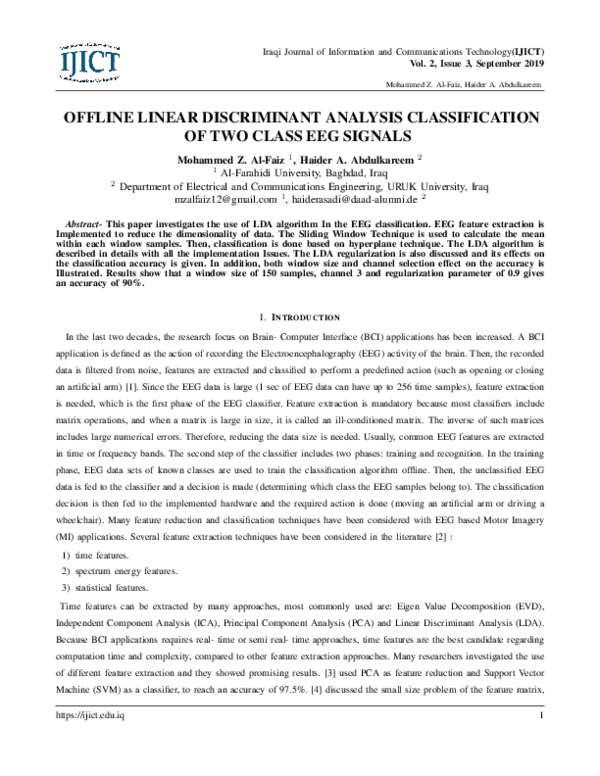 Pdf Offline Linear Discriminant Analysis Classfication Of Two Class Eeg Signals
