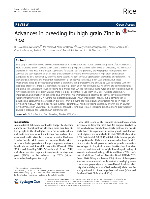 (PDF) Advances in breeding for high grain Zinc in Rice