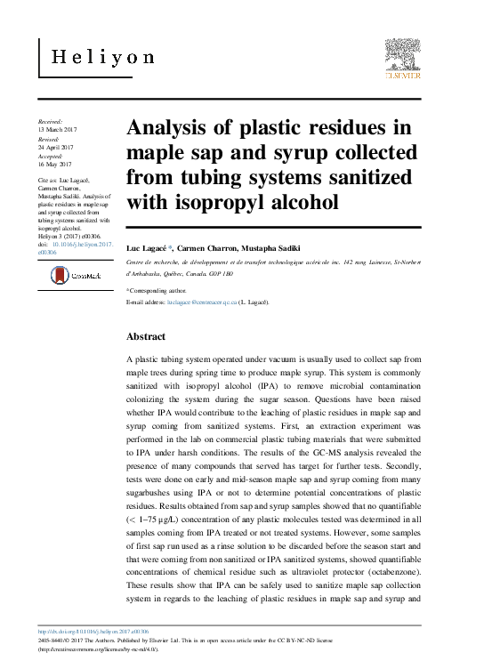 (PDF) Analysis of plastic residues in maple sap and syrup collected ...