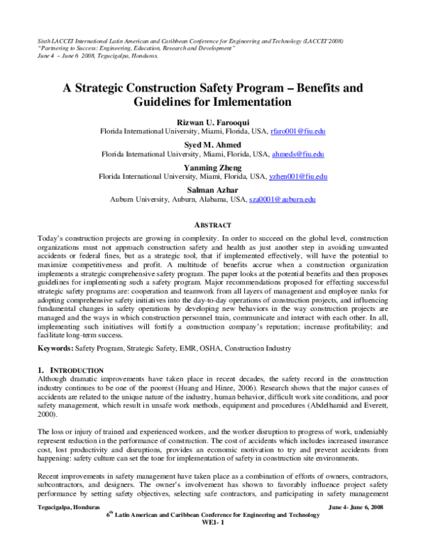 (PDF) A Strategic Construction Safety Program – Benefits and Guidelines ...