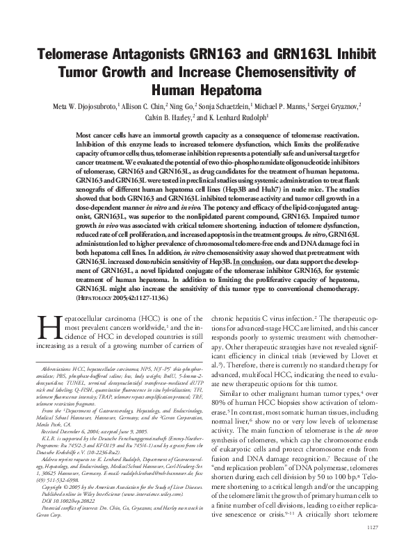 (PDF) Telomerase antagonists GRN163 and GRN163L inhibit tumor growth ...