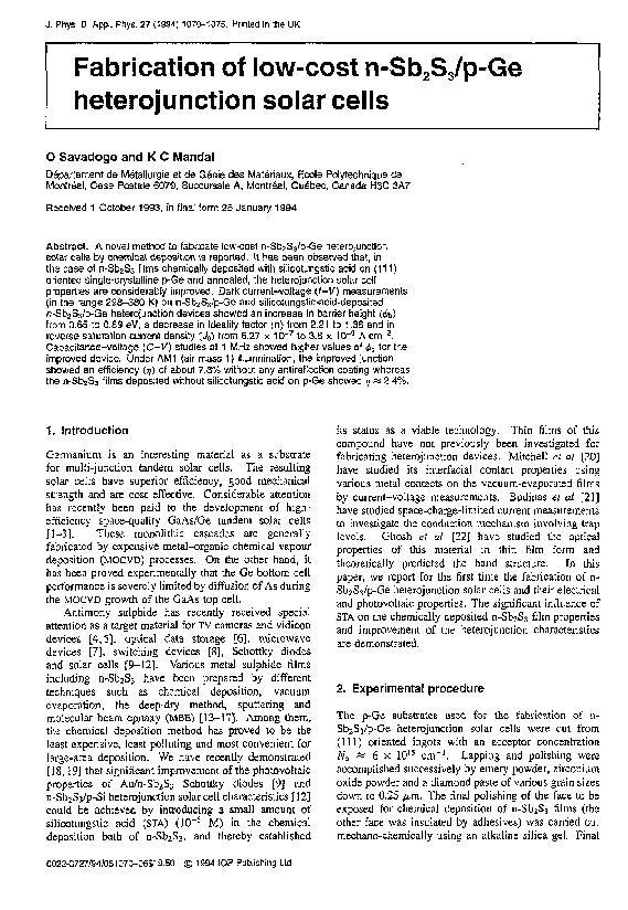 (PDF) Fabrication of low-cost n-Sb 2 S 3 /p-Ge heterojunction solar cells