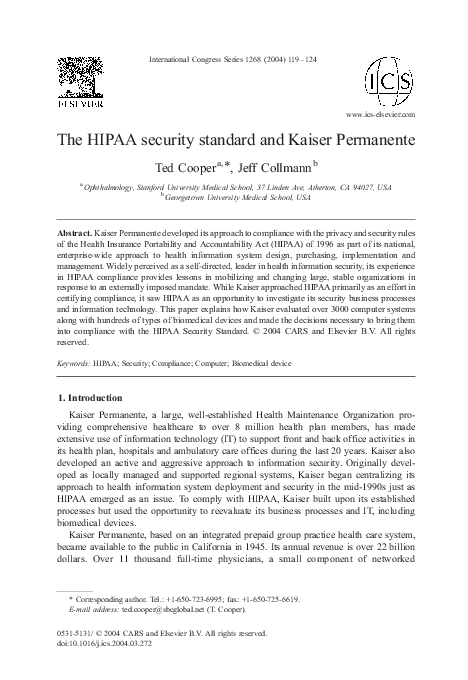 (PDF) The HIPAA security standard and Kaiser Permanente