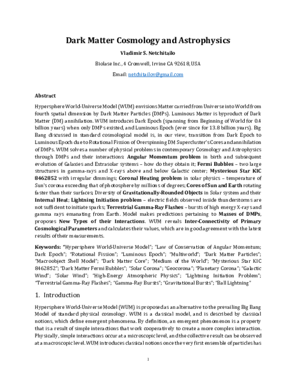 (PDF) Dark Matter Cosmology and Astrophysics