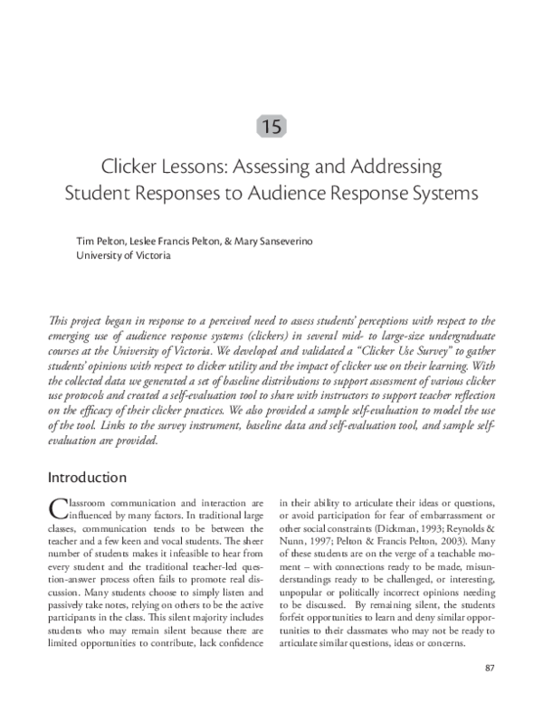 (PDF) 15. Clicker Lessons: Assessing and Addressing Student Responses to Audience Response Systems