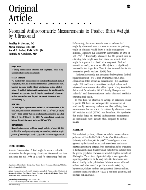 (PDF) Neonatal Anthropometric Measurements to Predict Birth Weight by ...