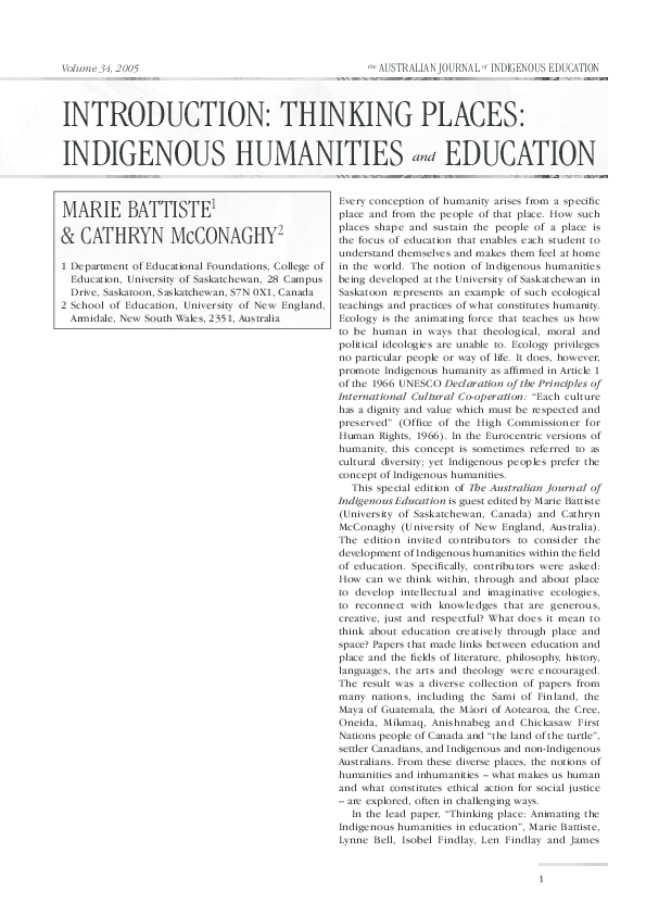 (PDF) Introduction: Thinking Places: Indigenous Humanities and Education