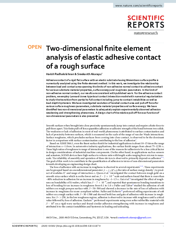 (PDF) Analysis of Adhesive Contact on Rough Surfaces