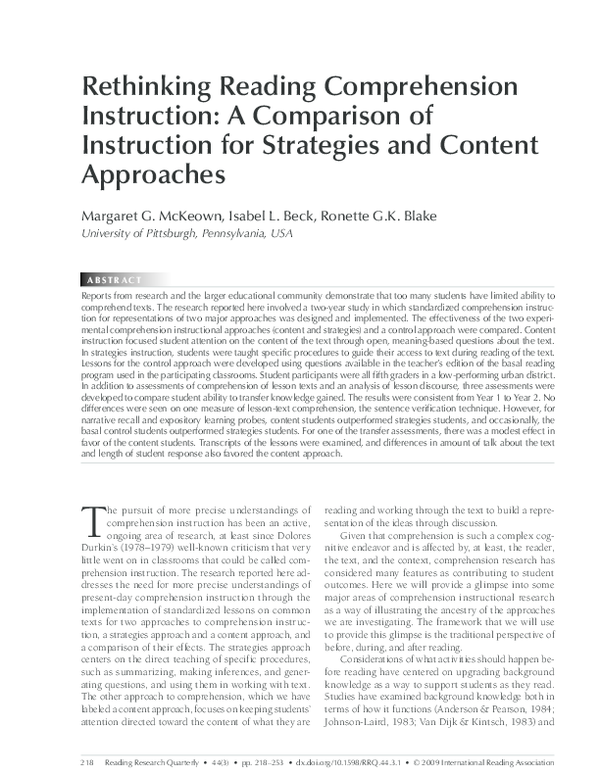 (PDF) Rethinking Reading Comprehension Instruction: A Comparison of ...
