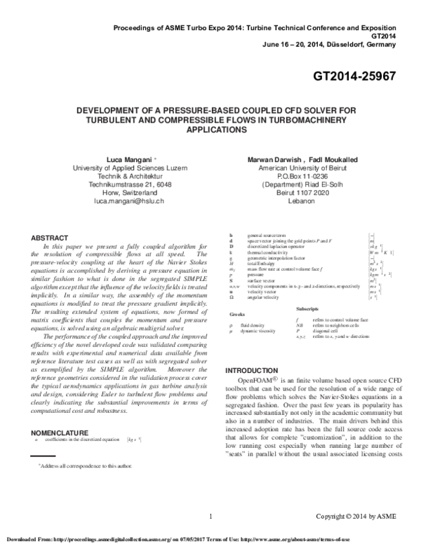 (PDF) Development of a Pressure-Based Coupled CFD Solver for Turbulent ...