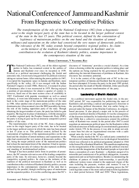 (PDF) National Conference of Jammu and Kashmir: From Hegemonic to ...