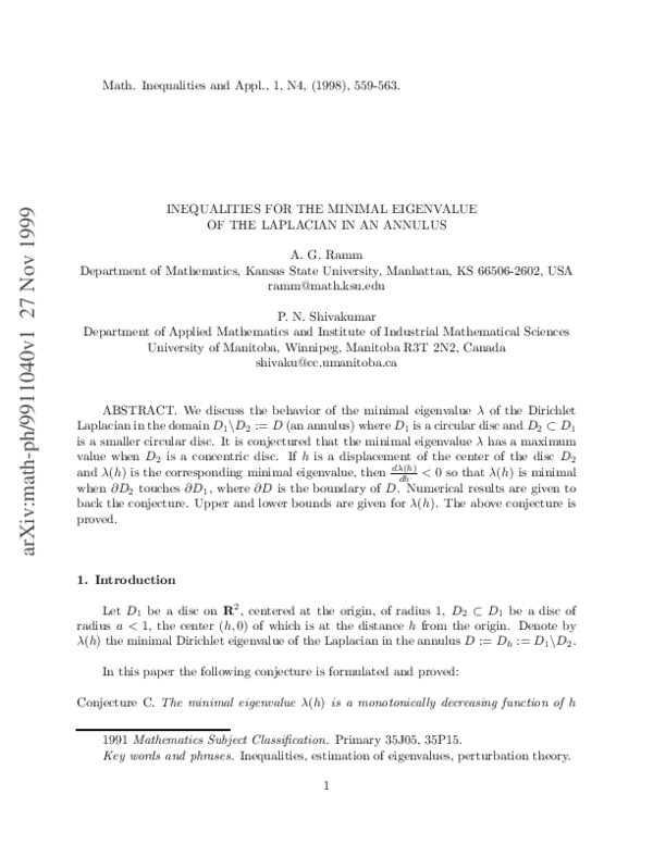 (PDF) Inequalities for the minimal eigenvalue of the laplacian in an annulus | pappur shivakumar ...