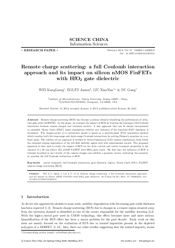 (PDF) Remote charge scattering: a full Coulomb interaction approach and ...