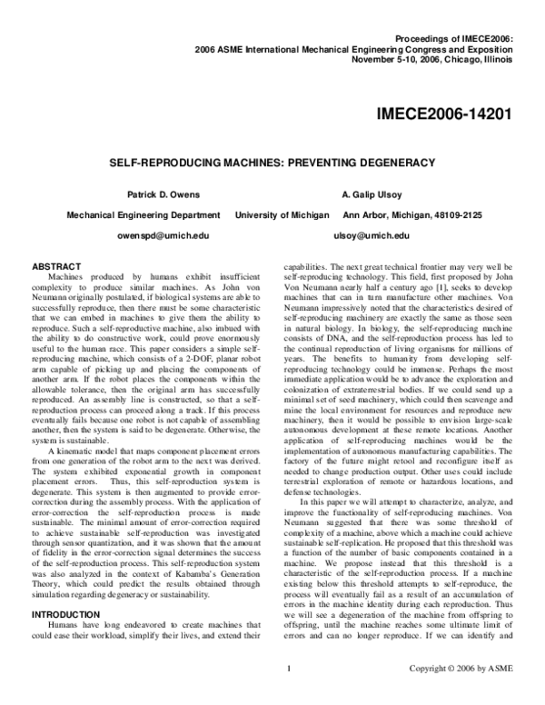 (PDF) Self-reproducing machines: Preventing degeneracy
