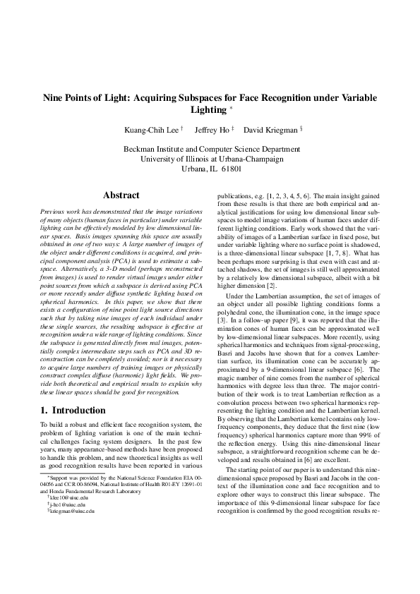 Pdf Nine Points Of Light Acquiring Subspaces For Face Recognition Under Variable Lighting
